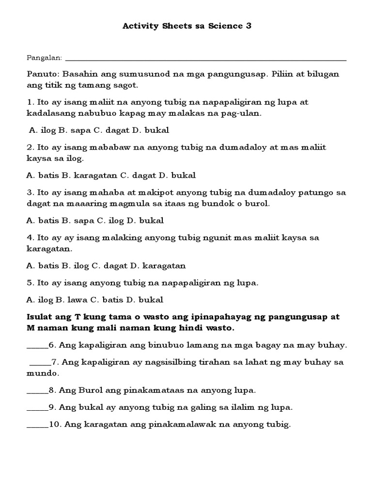 Activity Sheets Sa Science 3 | PDF