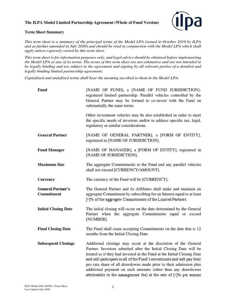 ILPA Model LPA Term Sheet WOF Version | PDF | Limited Partnership ...