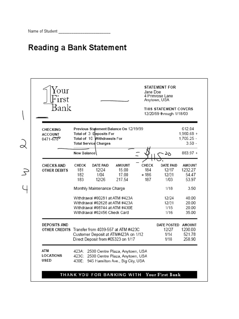 Student Handout - Reading A Bank Statement | PDF | Cheque | Deposit Account