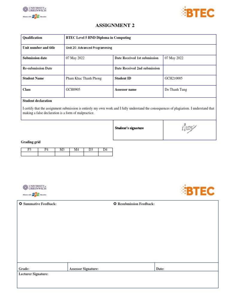 Unit 20 Assignment 2 Pdf Class Computer Programming Interface 6043
