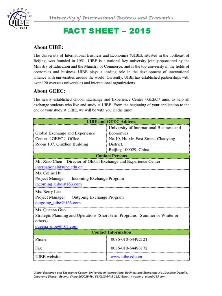 UIBE Fact Sheet - 2015 | PDF | Dormitory