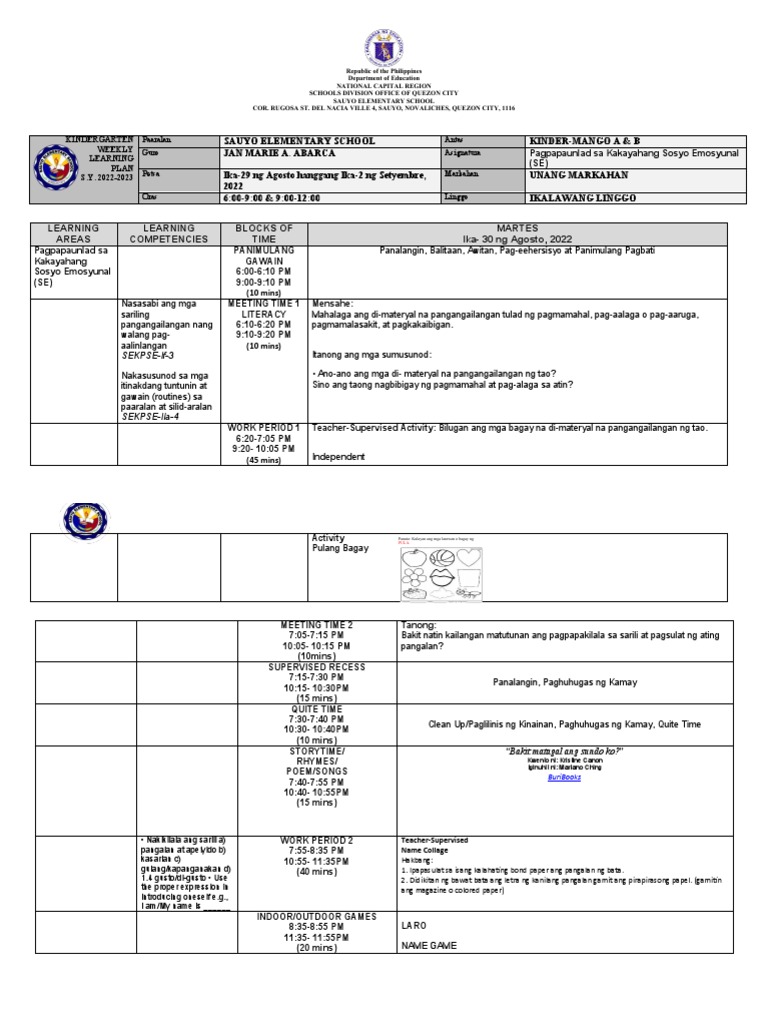 Kindergarten Weekly Learning Plan 2022 | PDF