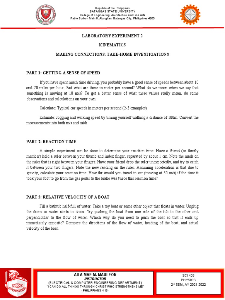 Laboratory Experiment 2 Kinematics Making Connections: Take-Home Investigations | PDF | Speed ...