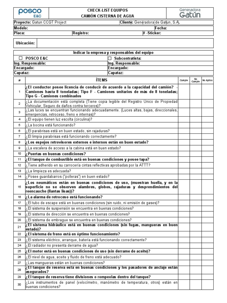 CHECK LIST - Camion Cisterna - AGUA | PDF | Camión | Neumático