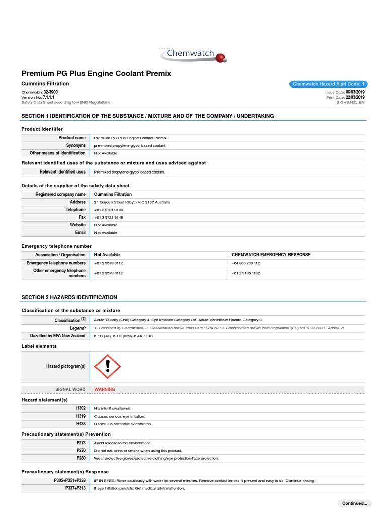 32-3900 GHS - Fleetguard PG Plus Premix Coolant 06-03-2019 | PDF