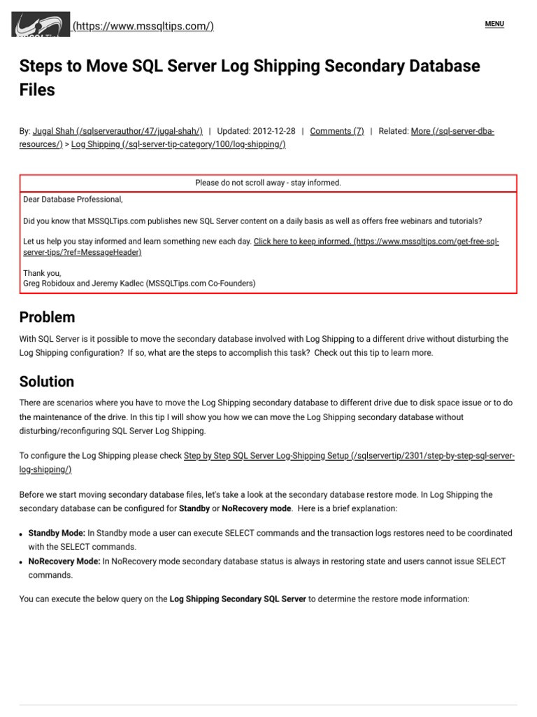 Steps To Move Sql Server Log Shipping Secondary Database Files Pdf
