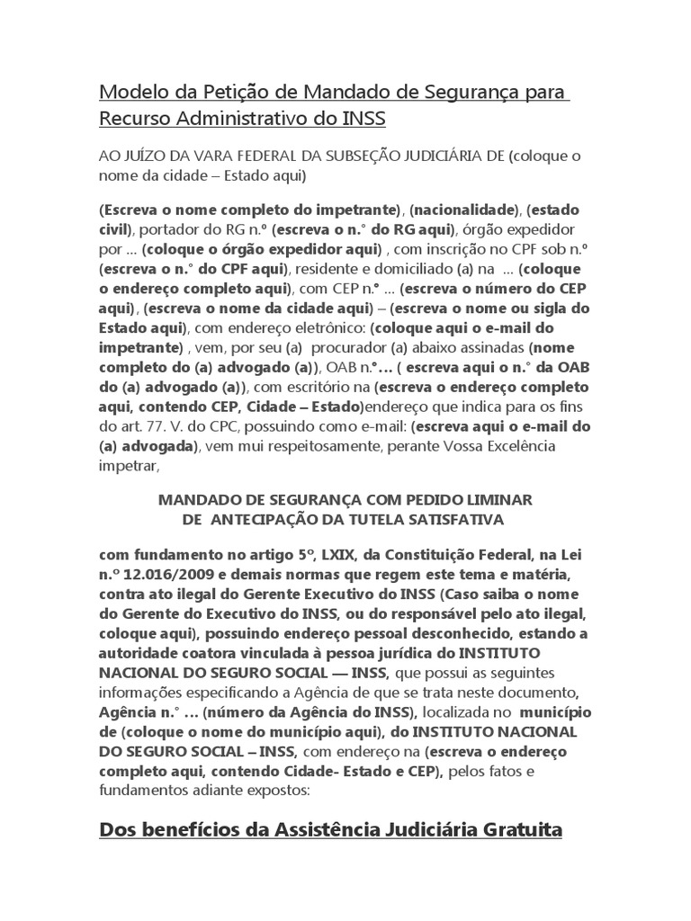 Mandado de Segurança INSS: Modelo de Petição | PDF | Mandamus | Advogado