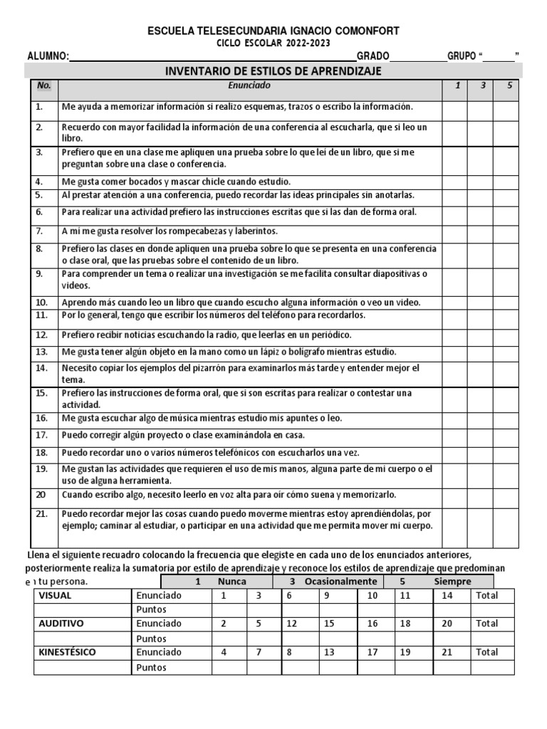 TEST VAK Estilos de Aprendizaje TECNICA 60 | PDF