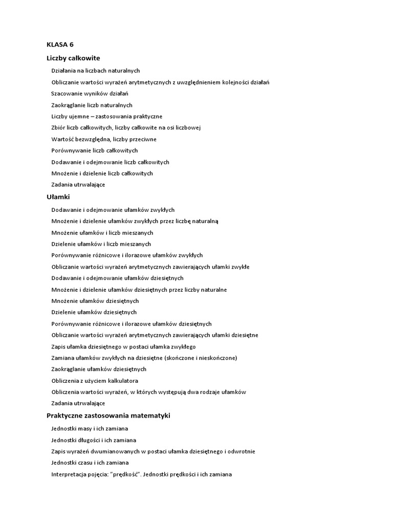 Spis Tresci - Klasa 6 | PDF