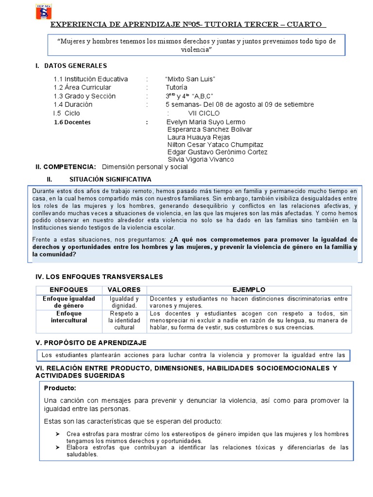 EXPERIENCIA DE APRENDIZAJE #5 Tutoria 2022 3º y 4º | PDF | Violencia | Agresión
