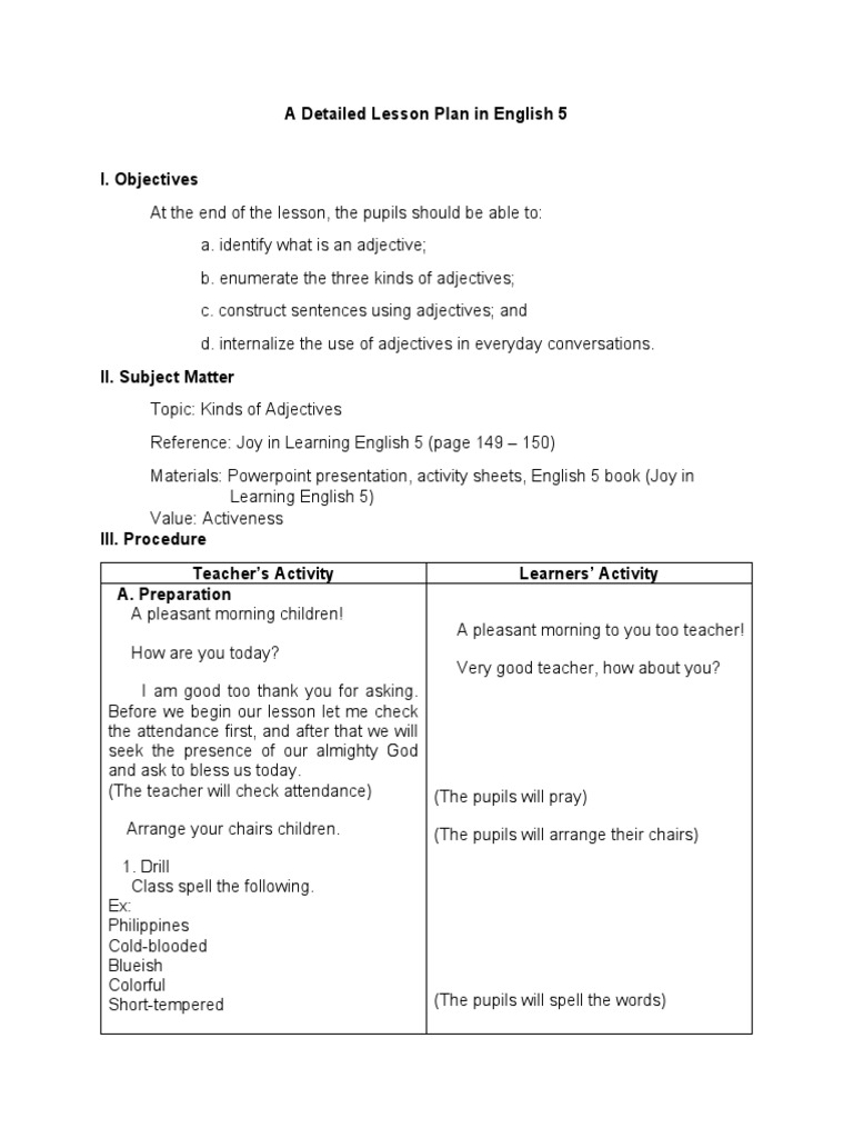 A Detailed Lesson Plan in English 5 | PDF | Adjective | Noun