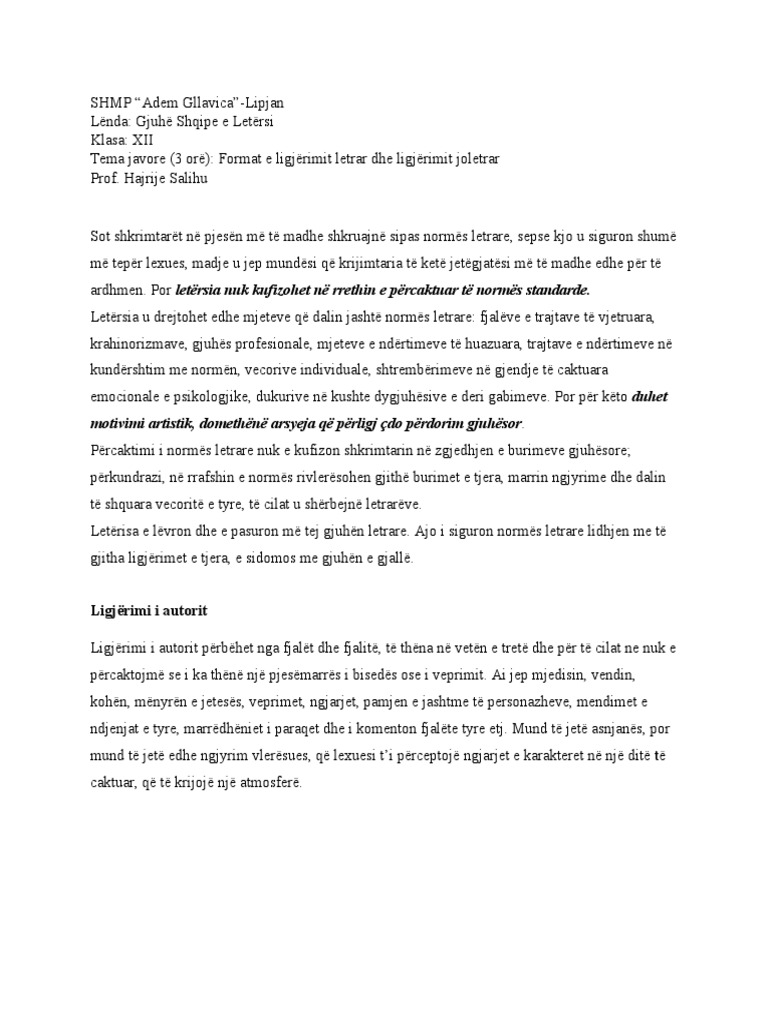 Format e Ligjc3abrimit Letrar Dhe Ligjc3abrimit Joletrar KL - Xii | PDF