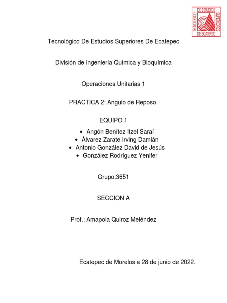 Practica 2 Angulo de Reposo | PDF | Química