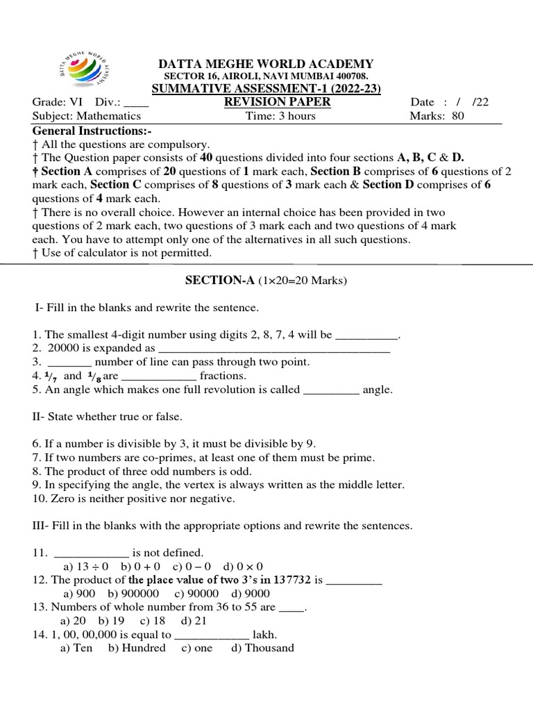 Sa1, 6th, Maths Revision Paper 2022-23 | PDF | Mathematics | Elementary ...
