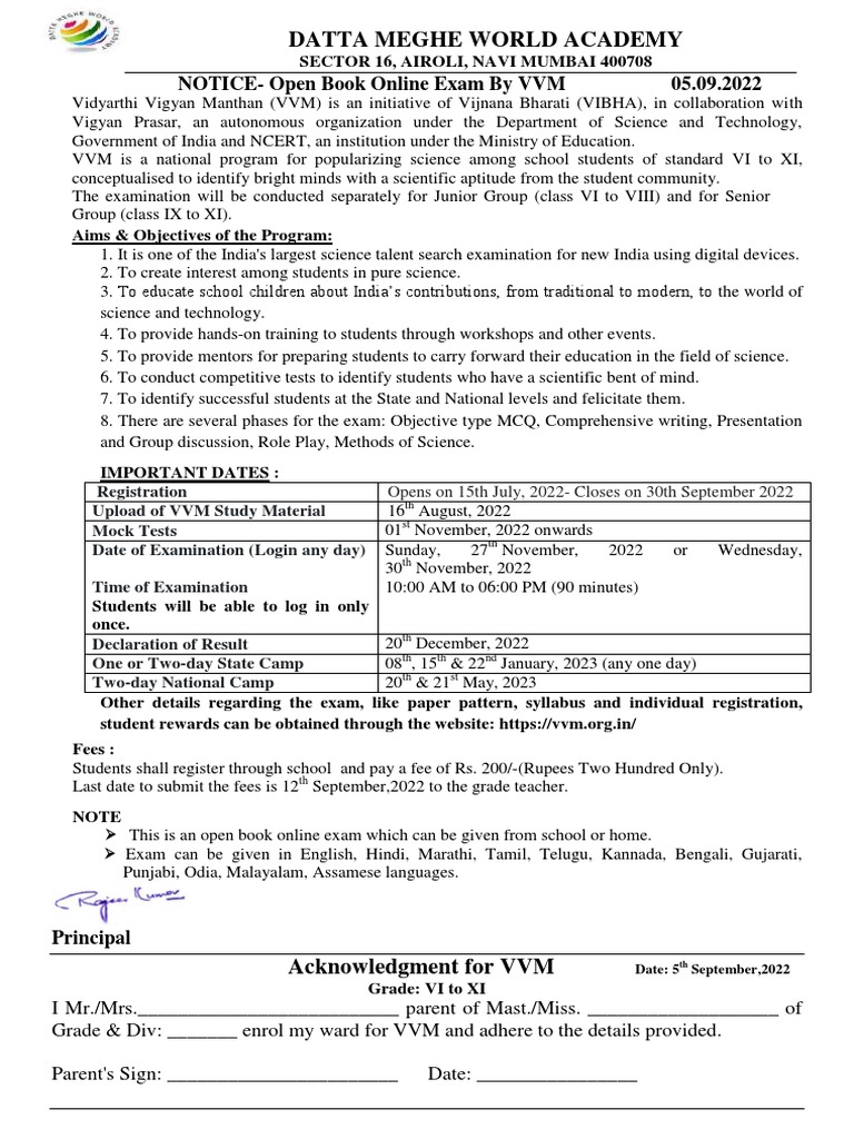 Circular For VVM Exam | PDF | Science | Test (Assessment)
