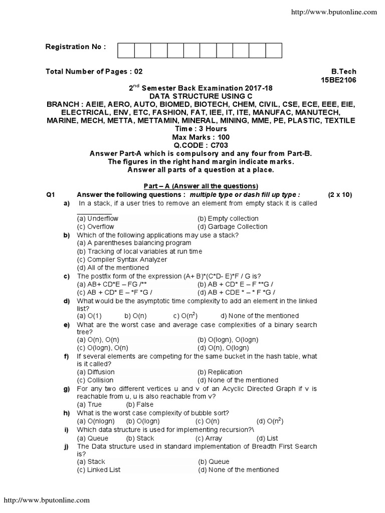Btech 2 Sem Data Structure Using C 15be2106 2018 Pdf Algorithms And Data Structures 