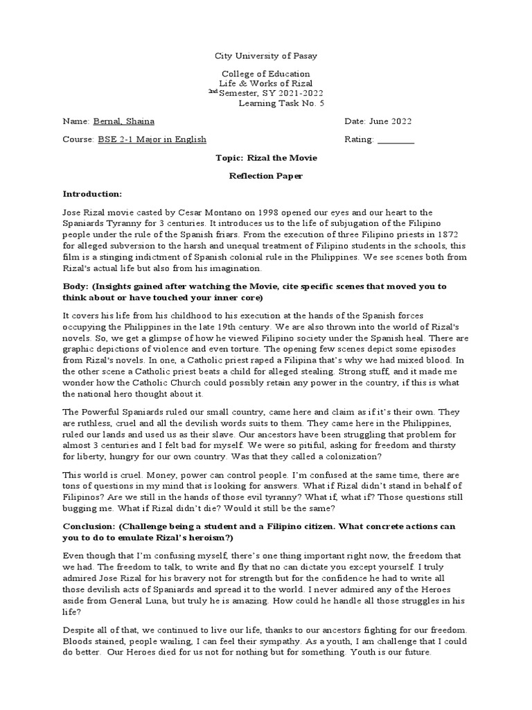 Task-No.-5-Learnings-gained-Rizal The MOvie | PDF | Philippines