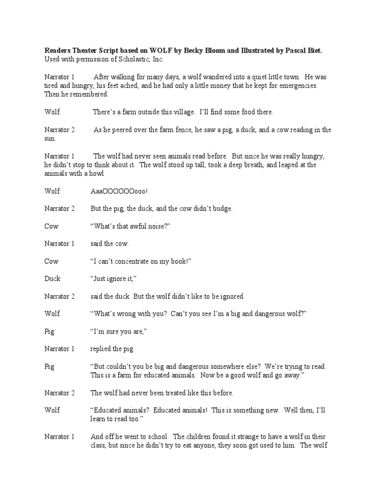 Readers Theater Script Based On WOLF by Becky Bloom and Illustrated by ...