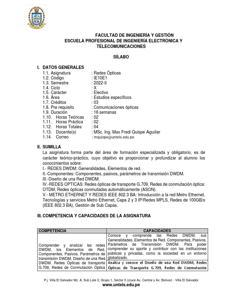 SILABO Redes Opticas 2022-II-QUISPE AGUILAR MAX FREDI | PDF