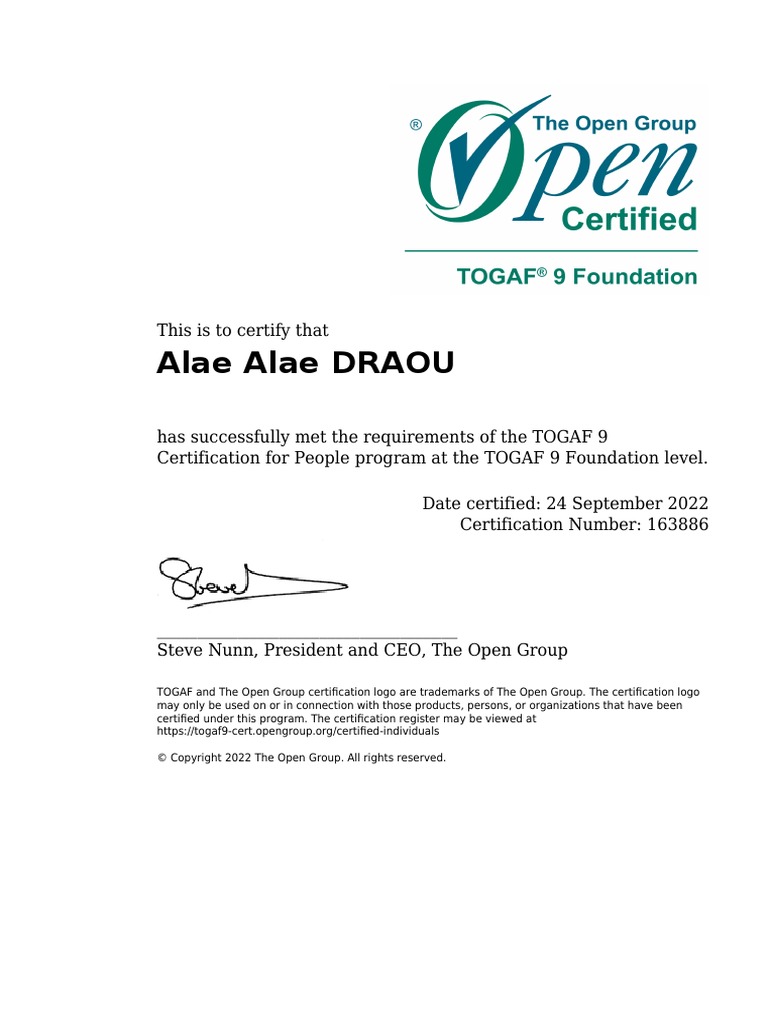 TOGAF® 9 Certification -Certificate-1 | PDF
