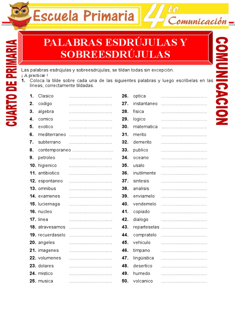 Palabras Esdrujulas y Sobreesdrujulas para Cuarto de Primaria | PDF