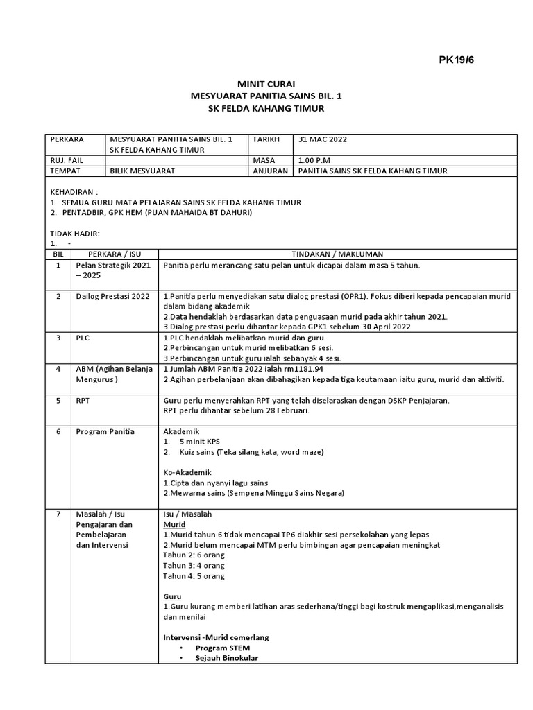 Minit Curai Mesyuarat Sains 2022 | PDF