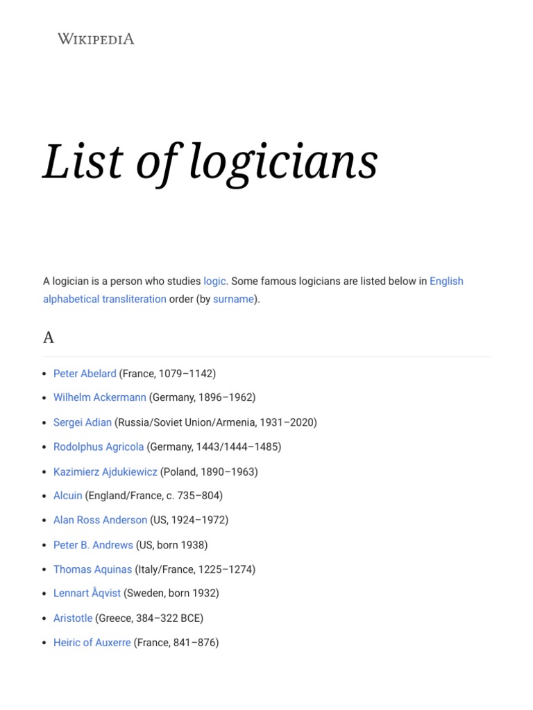 List of Logicians - Wikipedia | PDF | Logic | Contemporary Philosophy