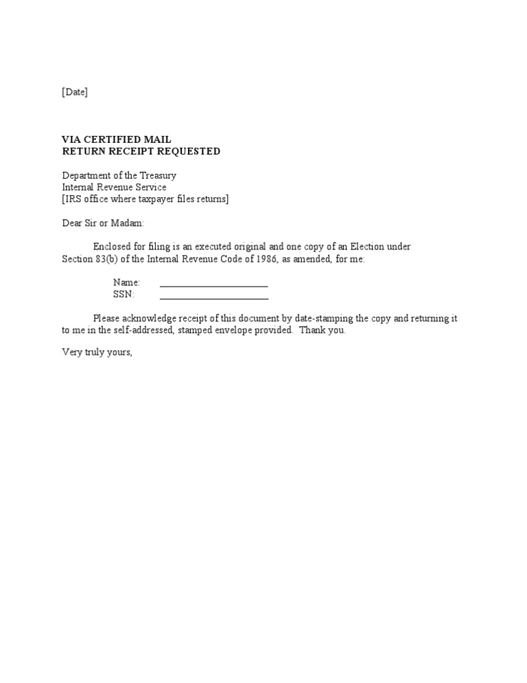 83(b) Election Cover Letter Template | PDF | Postal System | Internal ...