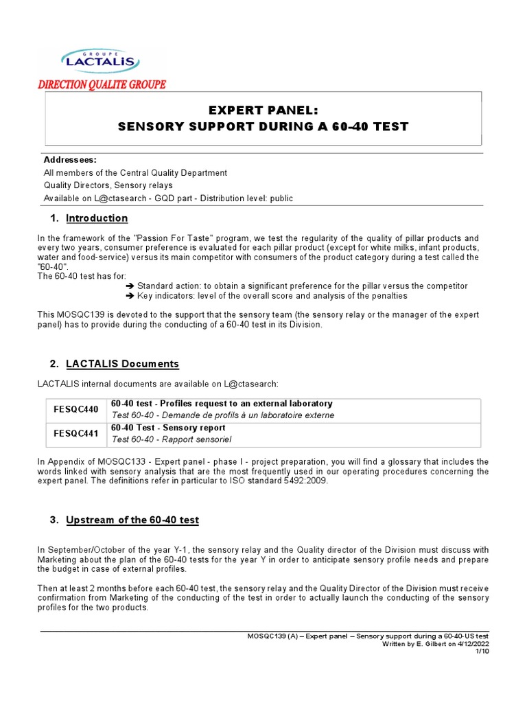 Mosqc139a Expert Panel Sensory Support During A 60 40 Test Us | PDF