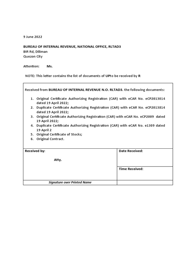 BIR Document Receipt Confirmation | PDF