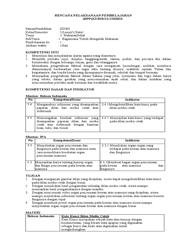 RPP Tema 3 Sub 1 Pem 1 Kelas 5 | PDF