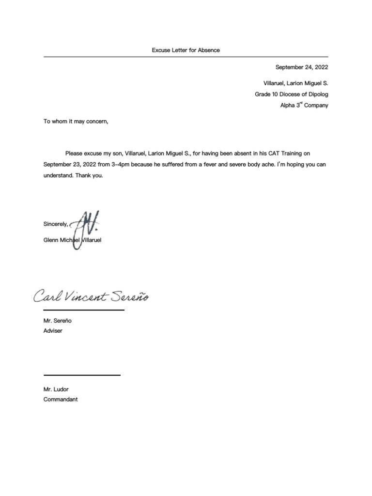 Excuse Letter For Absence | PDF