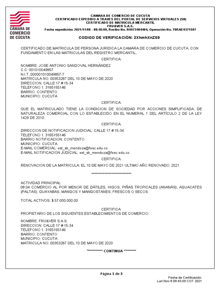 Certificado Cámara de Comercio Cúcuta | PDF