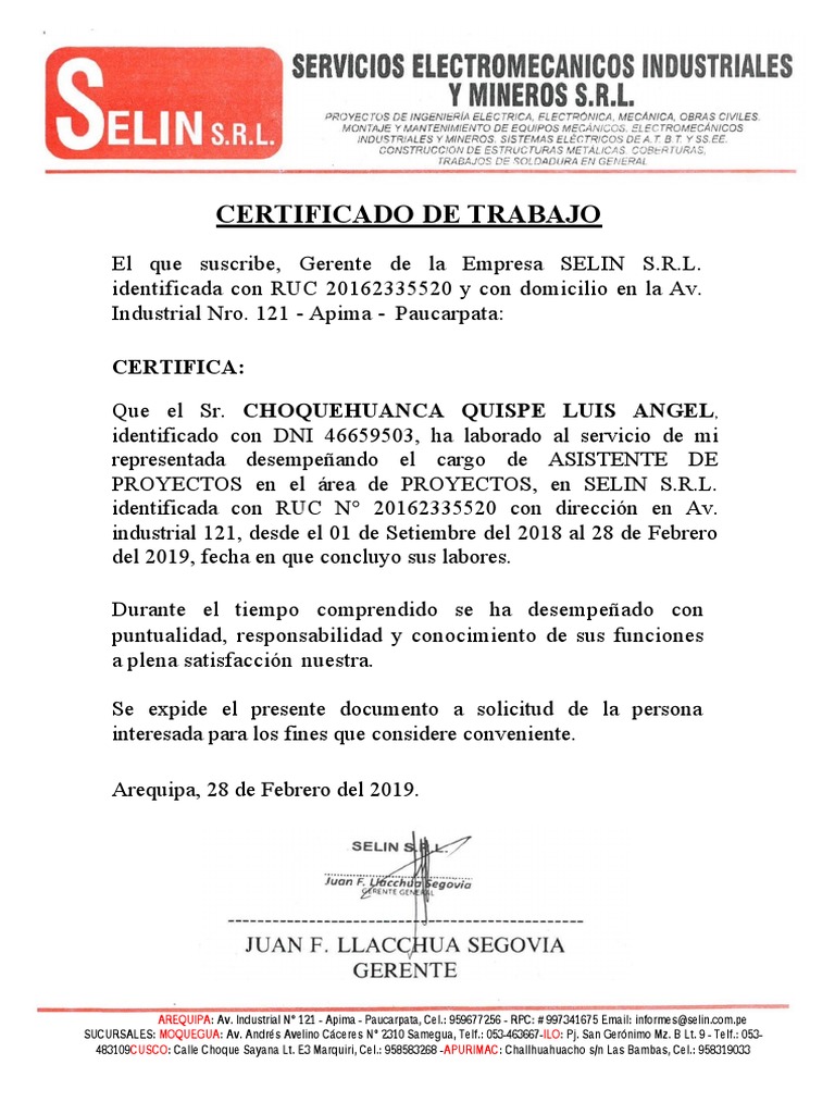 CERTIFICADO de TRABAJO Asistente de Proyectos | PDF