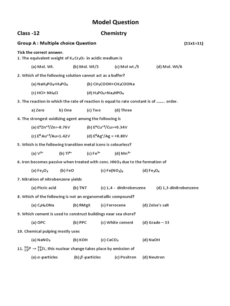 CHEM Model Question | PDF | Acetic Acid | Chemical Reactions