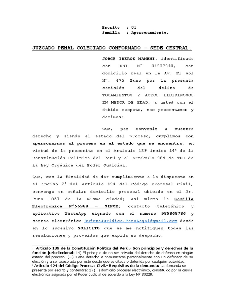 Escrito APERSONAMIENTO (TOCAMIENTOS INDEBIDOS) | PDF