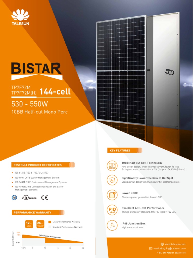 Talesun 550W Solar Panel Features | PDF | Electrical Components ...