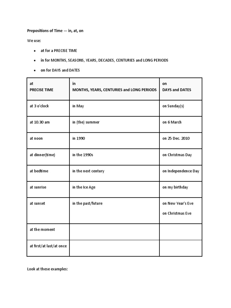 Prepositions of Time (At, In, On) | PDF