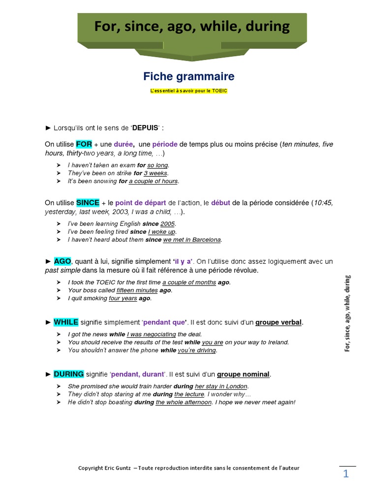 For, Since, Ago, While, During | PDF | Career & Growth | Language Arts ...