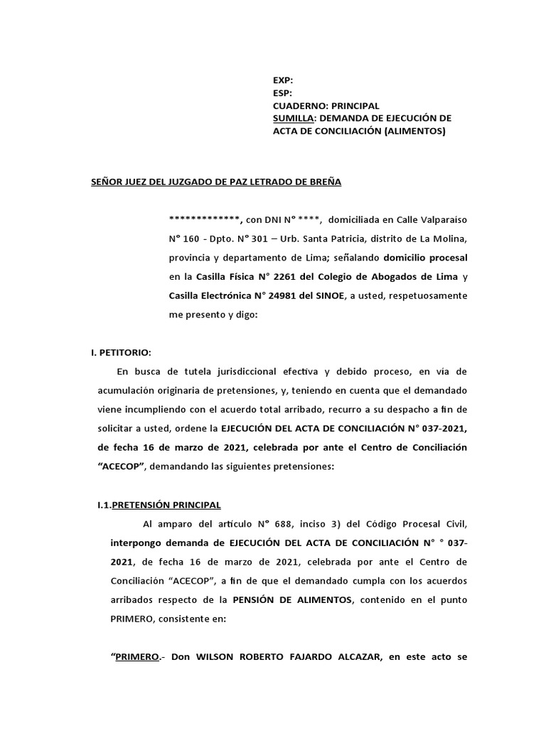 Demanda Ejecución de Acta | PDF