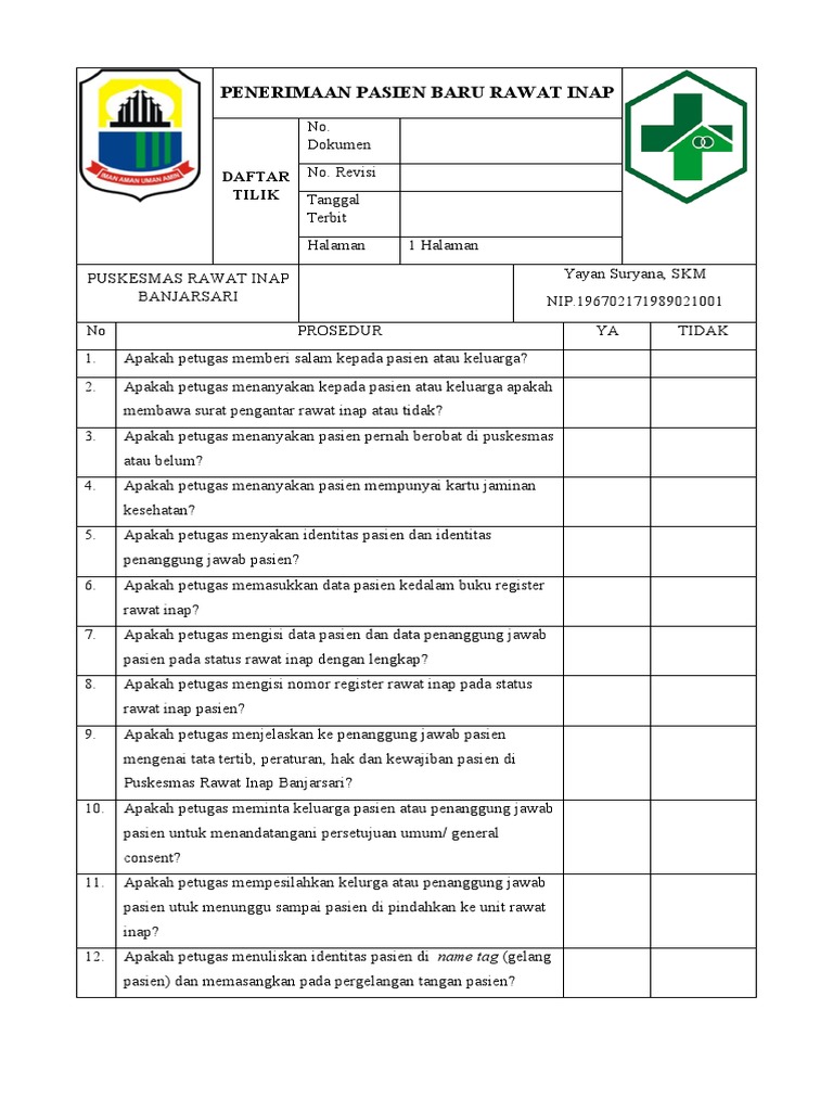 Daftar Tilik Pendaftaran Rawat Inap | PDF