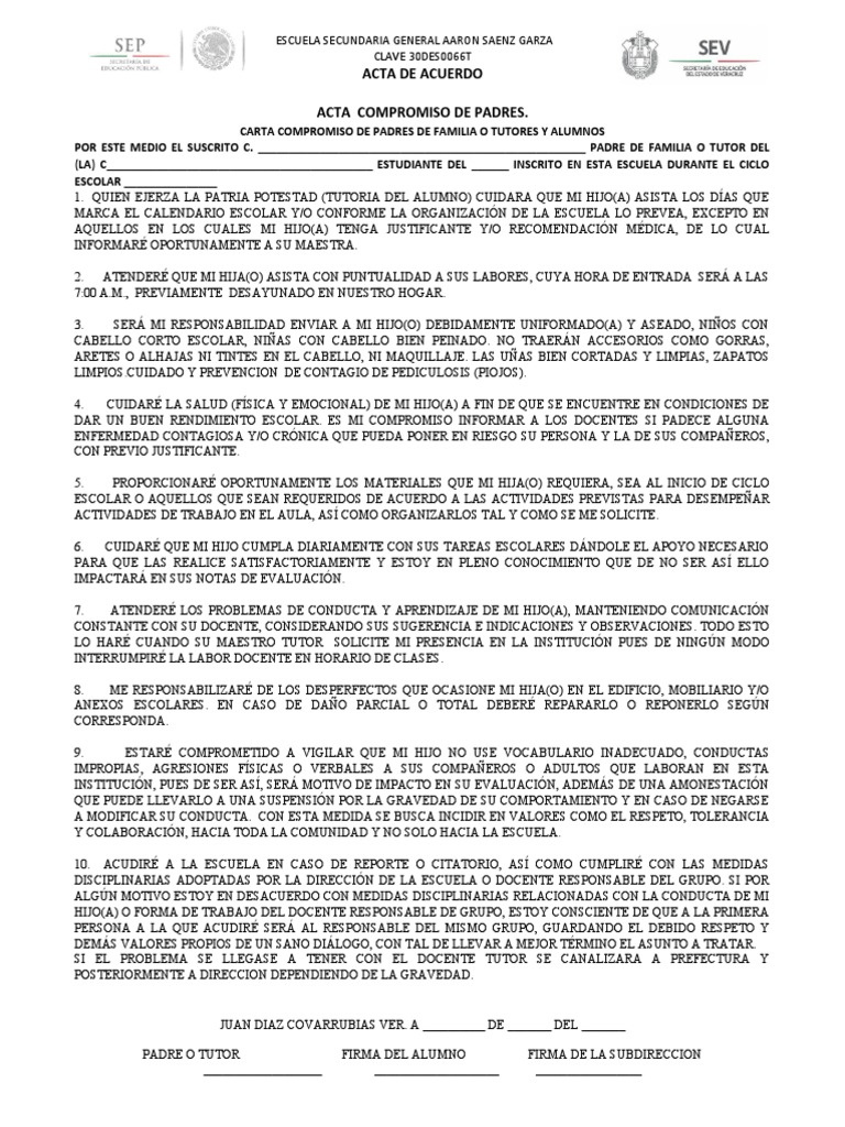 Acta de Compromiso de Padres | PDF