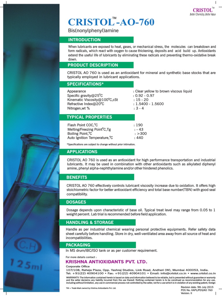 Antioxidants Cristol Ao760 Bis Nonylphenyl Amine | PDF | Lubricant ...