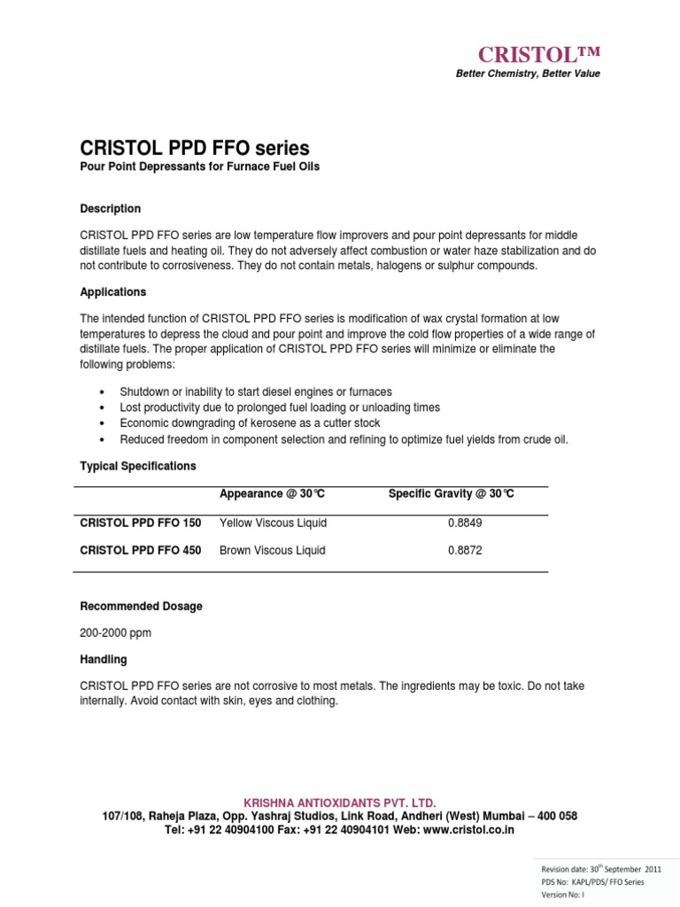 Pour Point Depressants For Furnace Fuel Oil Cristol PPD Ffo | PDF