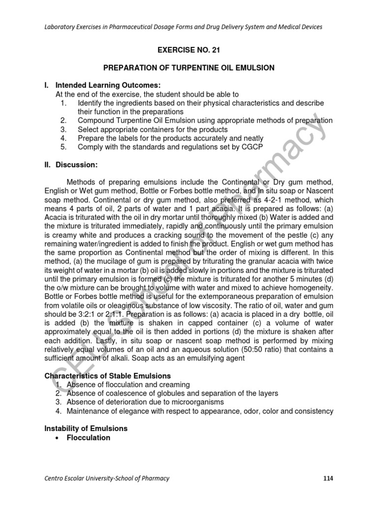 Exercise No. 24 - Turpentine Oil Emulsion | PDF | Emulsion | Dose ...