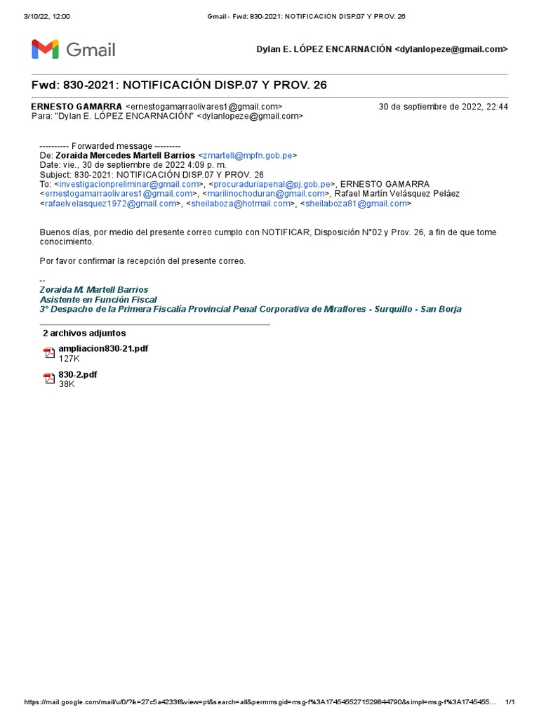 Gmail 30 Set 2022, 22:44 Hrs FWD 830-2021. Notificación Disp 07 y Prov 26. Lec | PDF | Gobierno ...