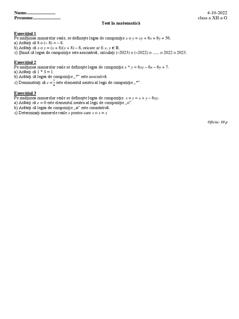 Test Matematica (Legi de Compozitie) | PDF Test Matematica (Legi de Compozitie) | PDF