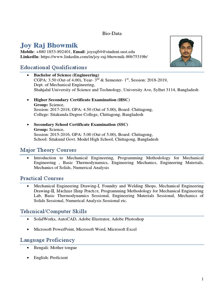Joy Raj Bhowmik Bio-Data Summary | PDF | Career & Growth