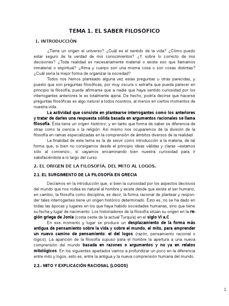 Tema 1. El Saber Filosófico | PDF