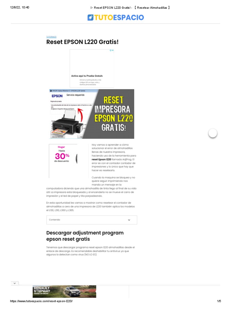 Reset EPSON L220 Gratis! - 【 Resetear Almohadillas 】 | PDF